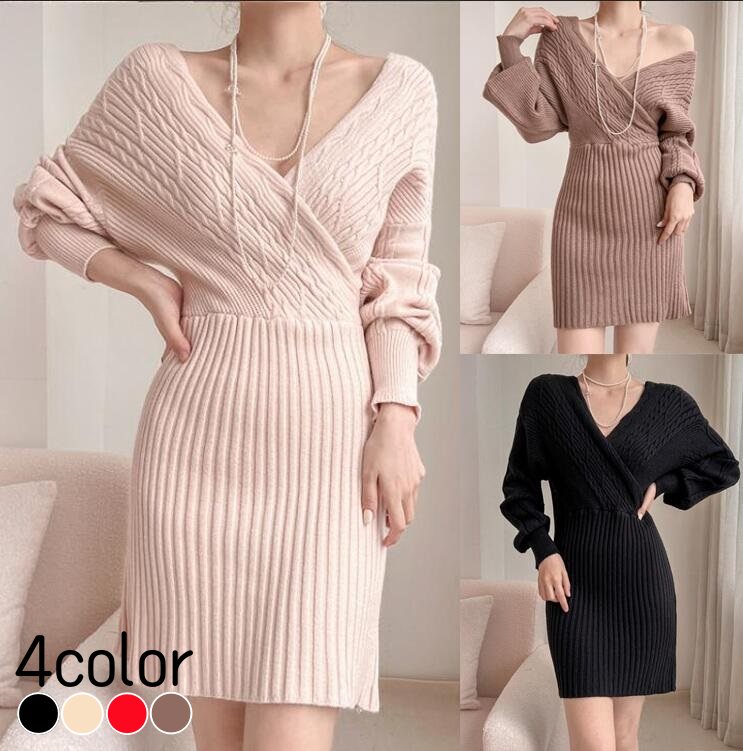 【楽天市場】スリ セーター ミニ丈 タイトワンピース ヒップラップ 無地 デザイン ボディーライン Vネック 長袖 リブニット ニットワンピース：hayashop