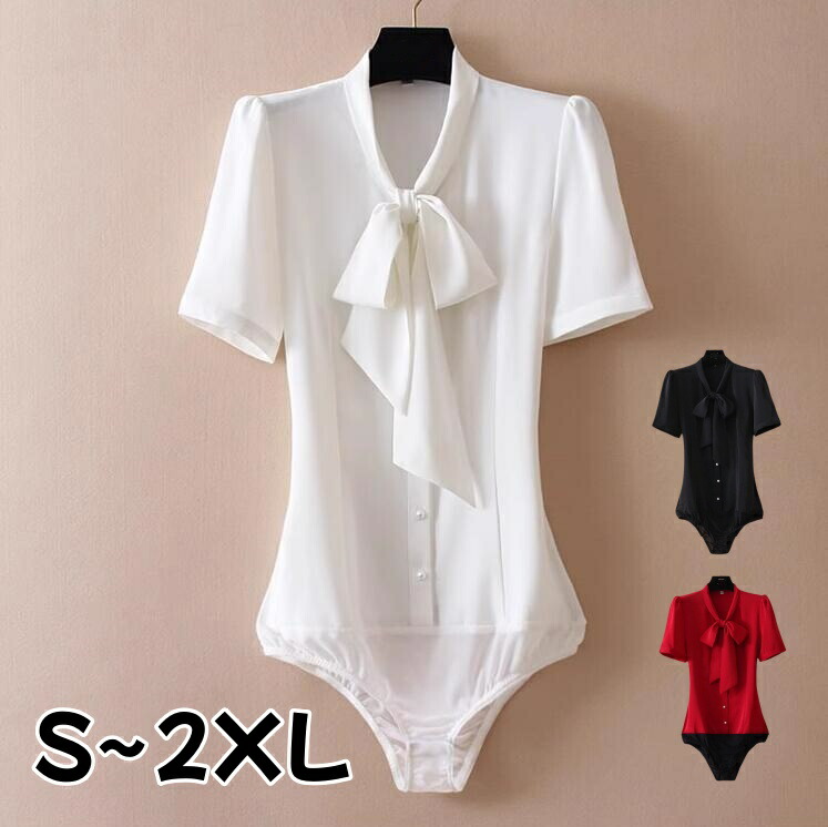 【楽天市場】オフィスブラウス ボディーブリファー つなぎ 無地 シンプル ワイシャツ ブラウス ボウタイ リボン Vネック 半袖 ボディシャツ：hayashop