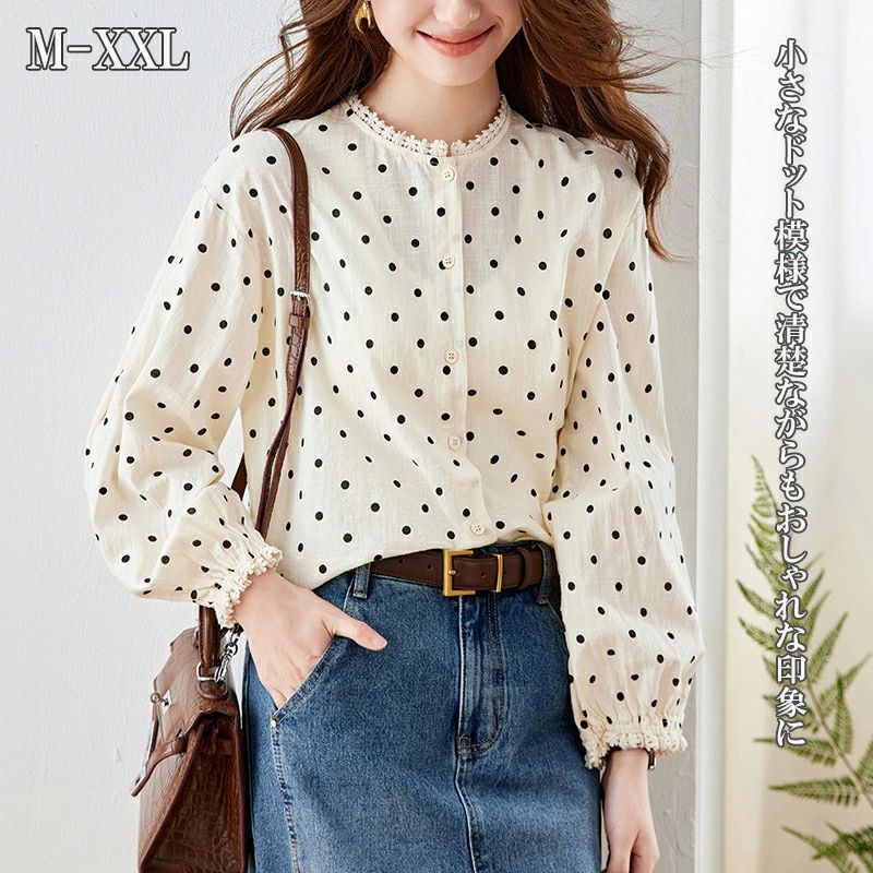 【楽天市場】春物シャツ デート 通勤 エレガントトップス バブルスリーブ ドットプリント 長袖 丸首ピュアコットン レディース：hayashop