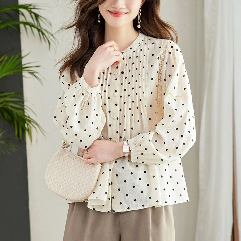 【楽天市場】レディース シャツ 薄手 長袖 トップス ドットブラウス シアー ボタン ラウンドネック レディース ブラウス：hayashop