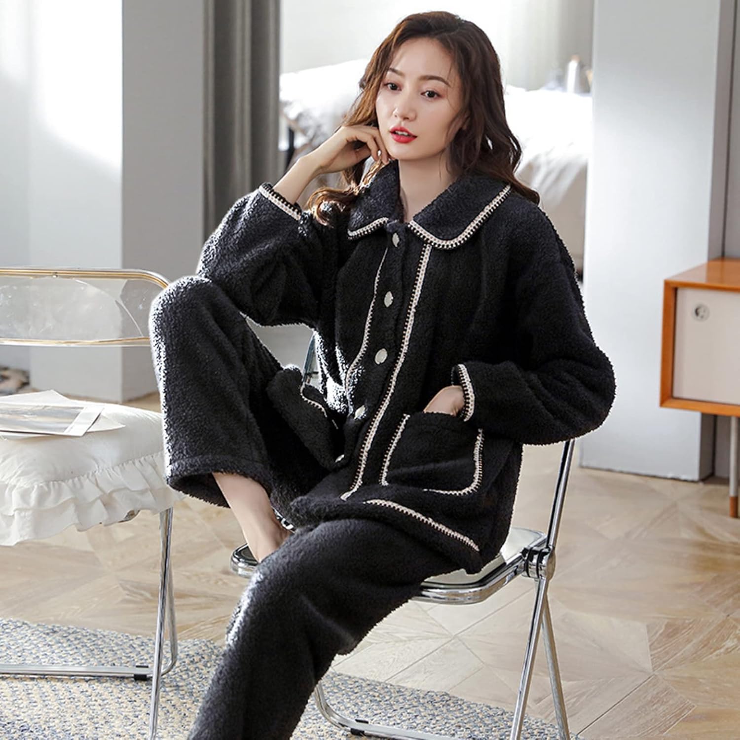 【楽天市場】肌触り 2点セット 家着 襟付き 前開き 暖かい 保温 厚手 フランネル 上下セット ロングパンツ 長袖 冬 レディース ルームウェア：hayashop