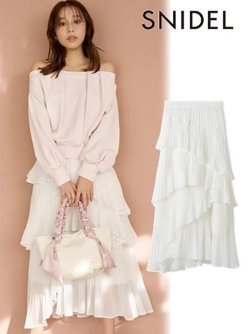 【楽天市場】【予約】(10%OFF+300円OFF~3/21) snidel スナイデル Sustainaプリーツティアードスカート 25春夏予約 SWFS251080 ロング・マキシスカート ...