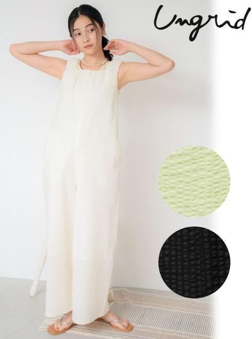 【楽天市場】【予約】(10%OFF+300円OFF~3/21) Ungrid アングリッド スクエアネックギャザーデザインロンパース 25春夏.予約 112530390801 オールインワン ...