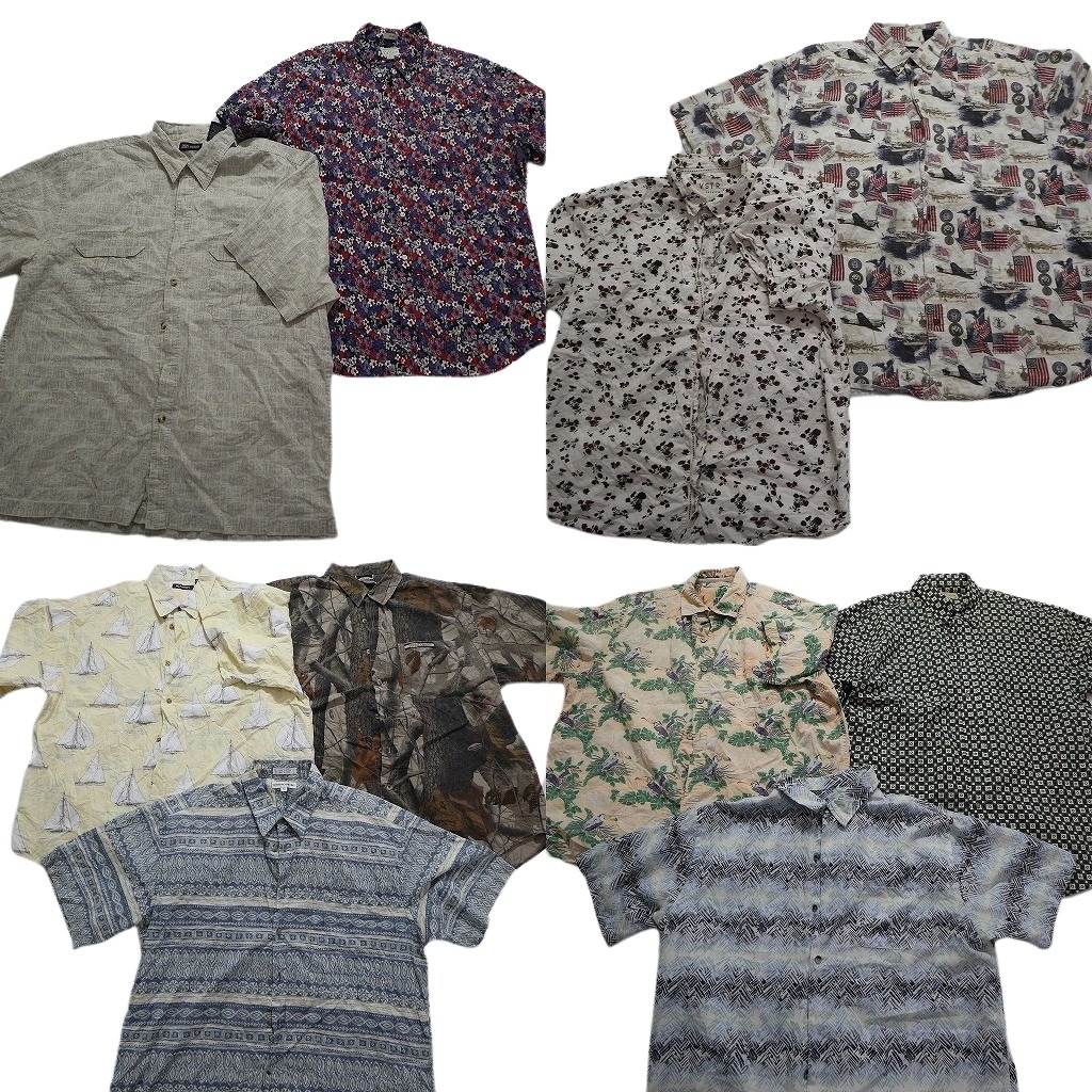 【楽天市場】古着卸 まとめ売り 総柄 半袖シャツ 素材MIX 10枚セット (メンズ XL ) カラーMIX ボックスシルエット 花柄 鳥 船 ...
