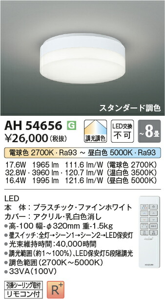 【楽天市場】コイズミ照明 シーリング ライト LED AH54656 8畳 高演色LED R+ スタンダード調色 直径320mmのコンパクト ...