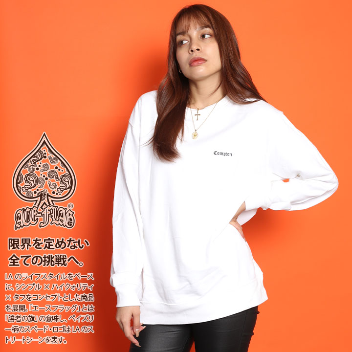 【楽天市場】【50%OFF】ACEFLAG ストリート系 トレーナー 長袖 スウェット 裏パイル レディース 白 黒 大きいサイズ エースフラッグ シンプル Compton コンプトン ロゴ ...