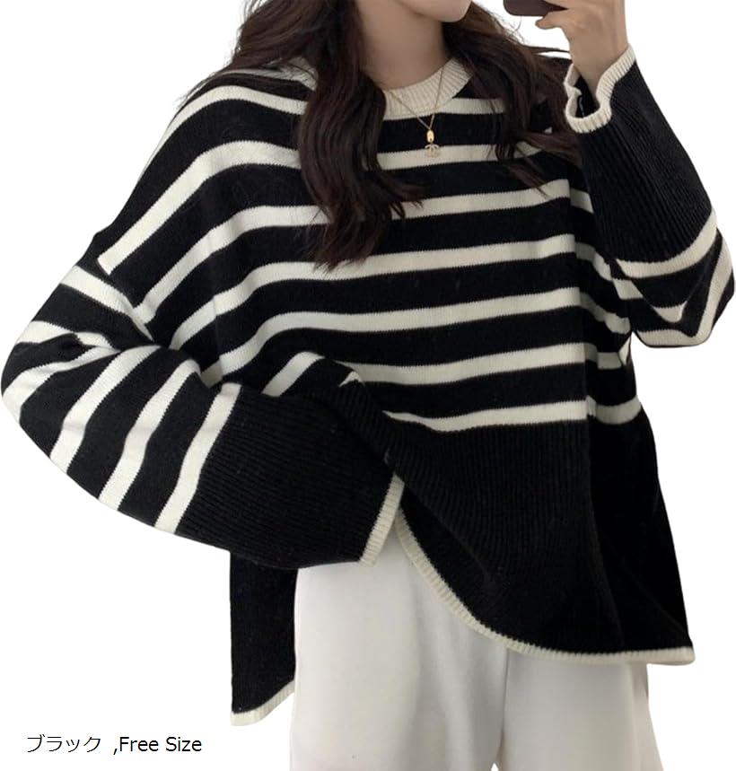 【楽天市場】ニューネ 長袖 ニット ボーダー セーター トップス カジュアル トレーナー ゆったり カットソー シンプル シワにならない 可愛い 丸首 クルーネック 4A-W01-BK ...