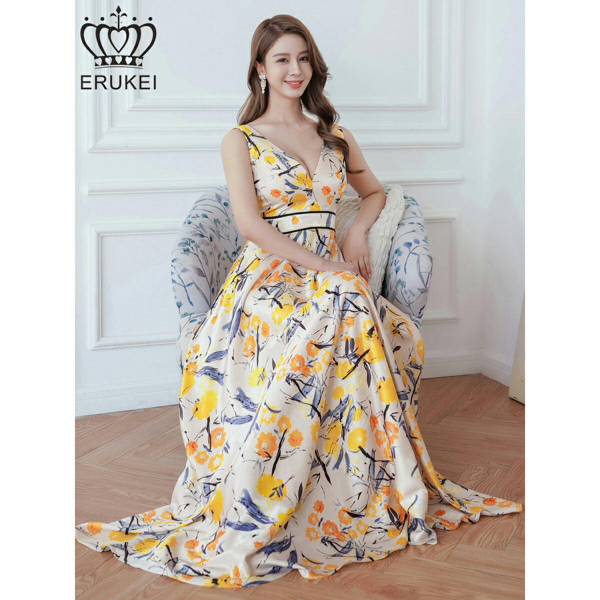 【楽天市場】[ERUKEI] 2color スピンドル ノースリーブ フラワープリント Vネック ロングドレス ベージュ×イエロー ホワイト×ブラック エレガント モダン シック キュート ...