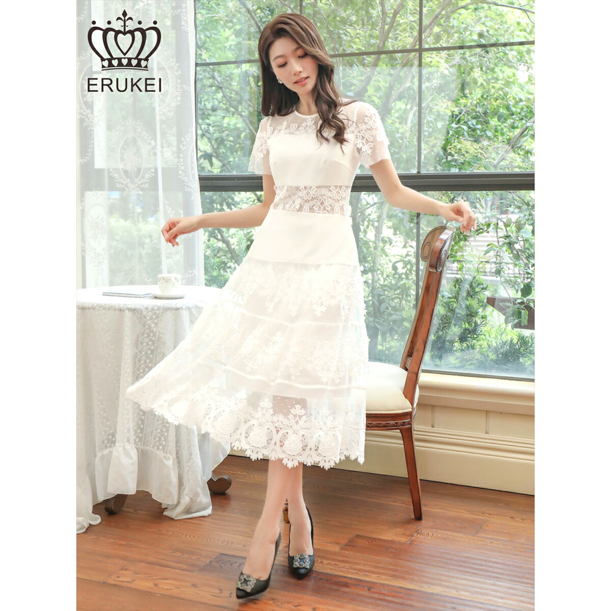 【楽天市場】[ERUKEI] 2color 刺繍 Aライン ひざ下 ミディアムドレス ワンピース ホワイト ワインレッド エレガント モダン シック キュート フォーマル ゴージャス 大きい ...