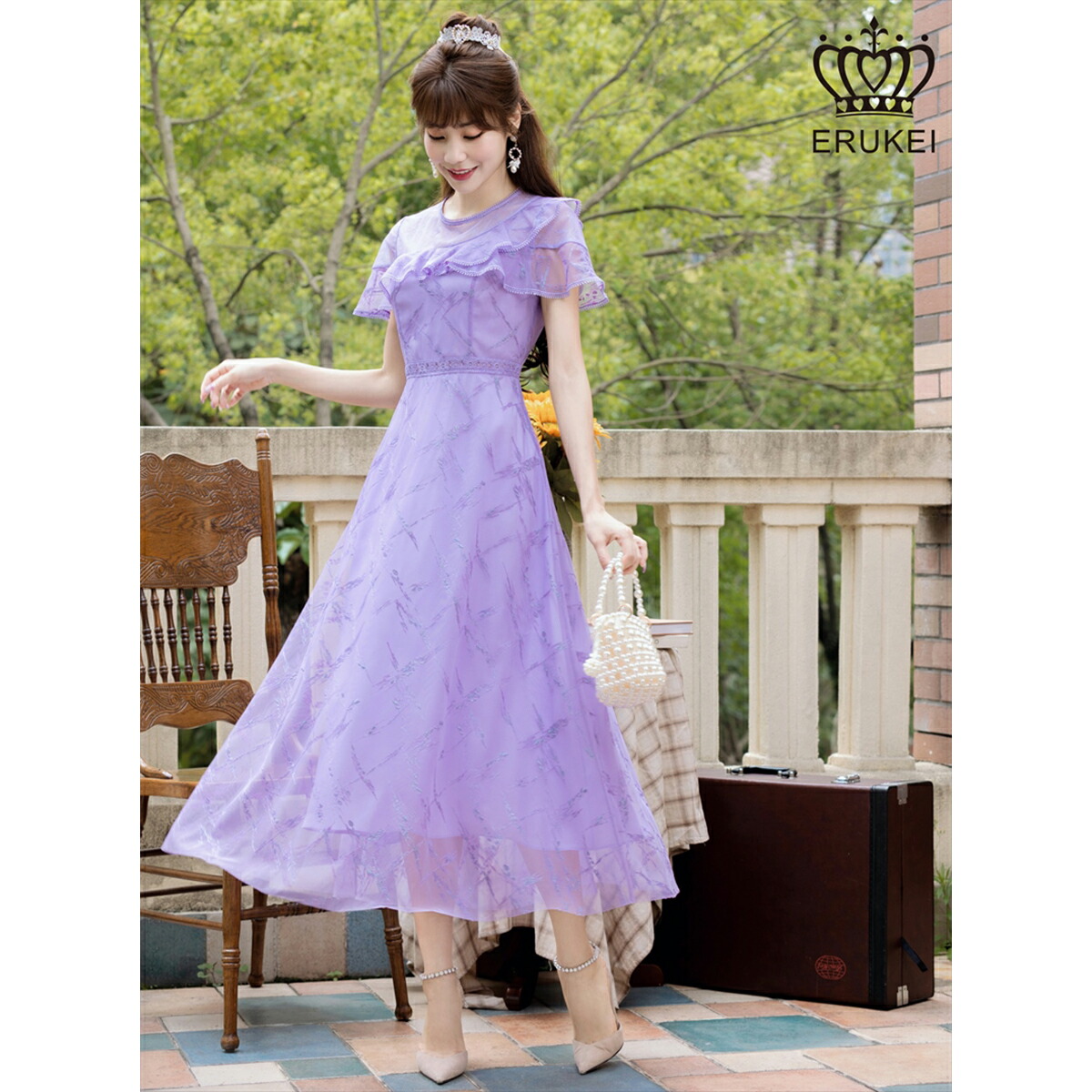 【楽天市場】[ERUKEI] 2color ケープ風 フリルスリーブ Aライン ラメ ミディアムドレス ワンピース パープル グリーン エレガント モダン シック キュート フォーマル ...