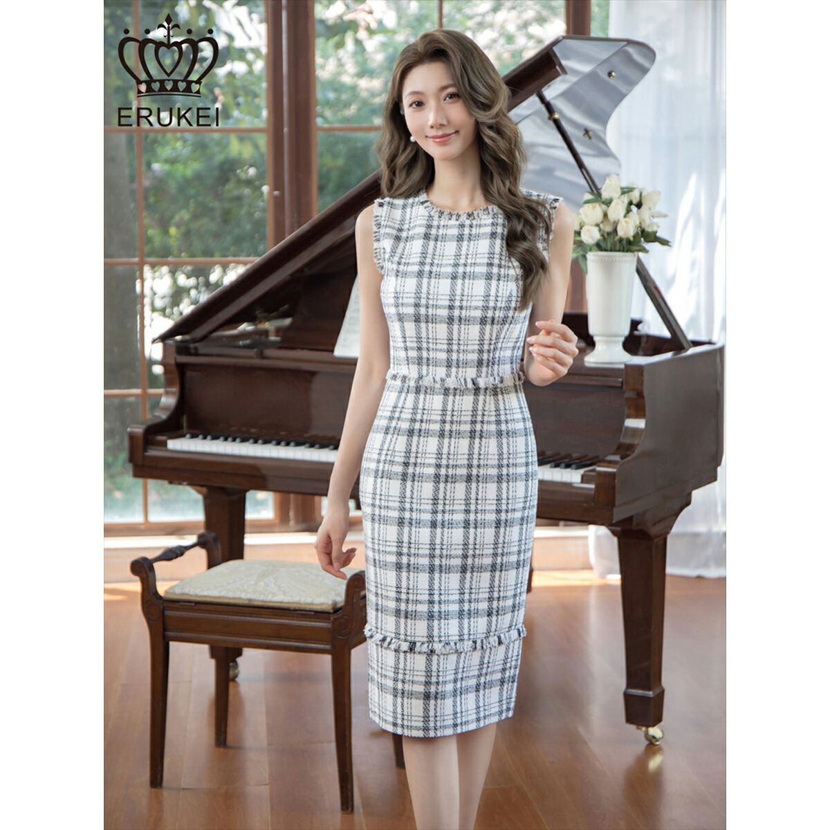 【楽天市場】[ERUKEI] 2color ツイード チェック フリンジ タイト ミディアムドレス ワンピース ホワイト ブラック エレガント モダン シック キュート フォーマル ゴージャス ...