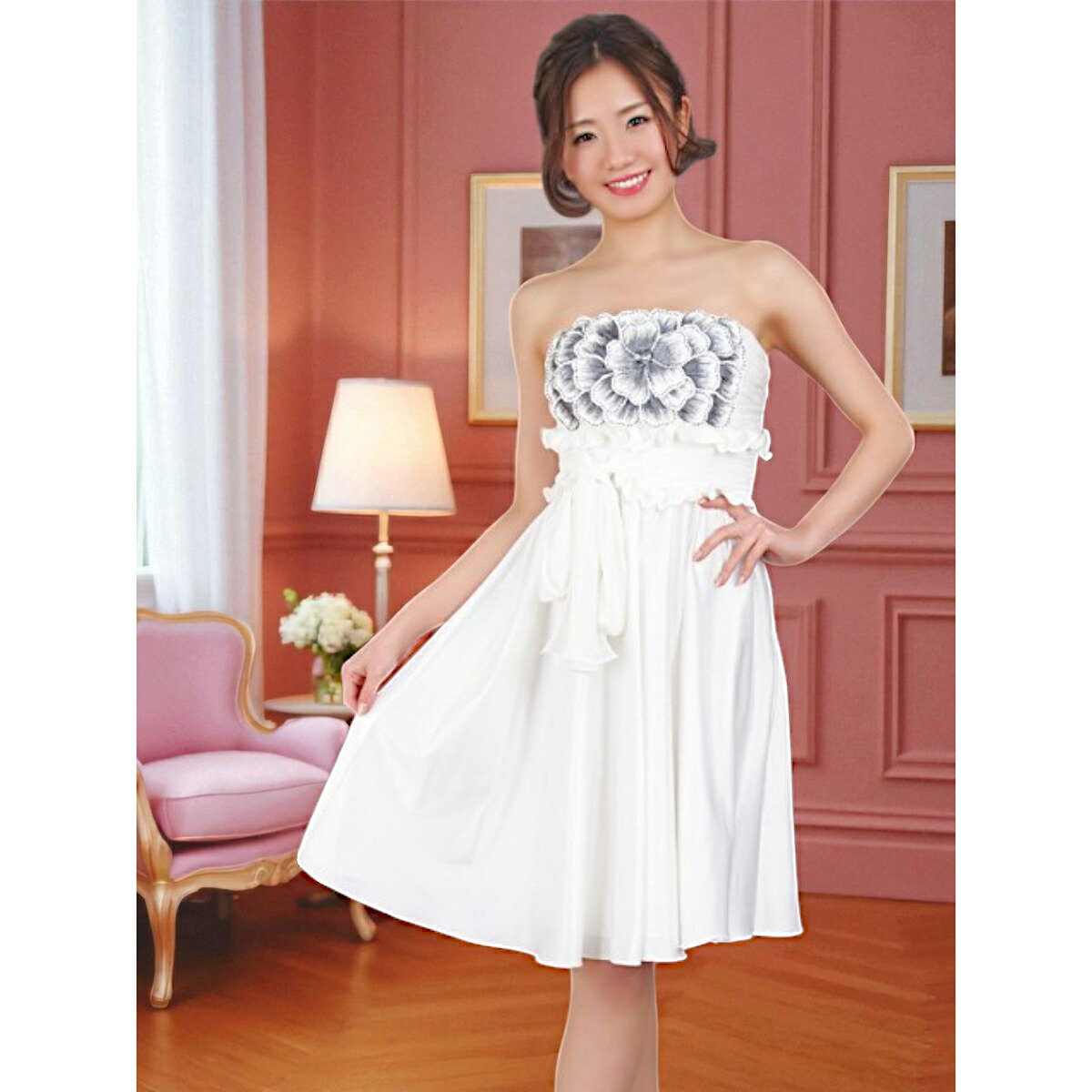 【楽天市場】[ERUKEI] 2color ベア 胸元フラワー ウエストリボン ドレープ Aライン ミニドレス ワンピース ホワイト イエロー エレガント モダン シック キュート フォーマル ...