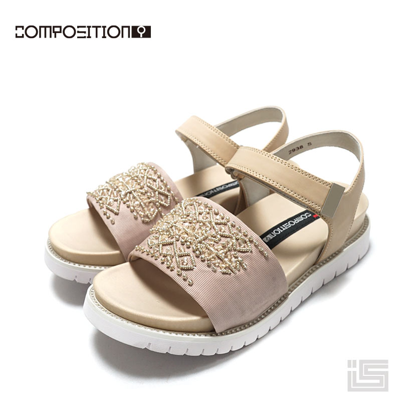 【楽天市場】 composition9 コンポジションナイン2938 Beige ベージュビーズモチーフ スタイリッシュ コンフォートサンダルレディース アンクルストラップ フラットソール ...