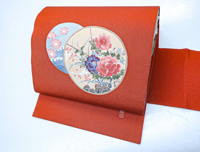 【楽天市場】【IDnet】【着物】九寸名古屋帯 ちりめん 作家物 落款入り 丸に花・荒波文 24B-496【リサイクル】：アイディーネット