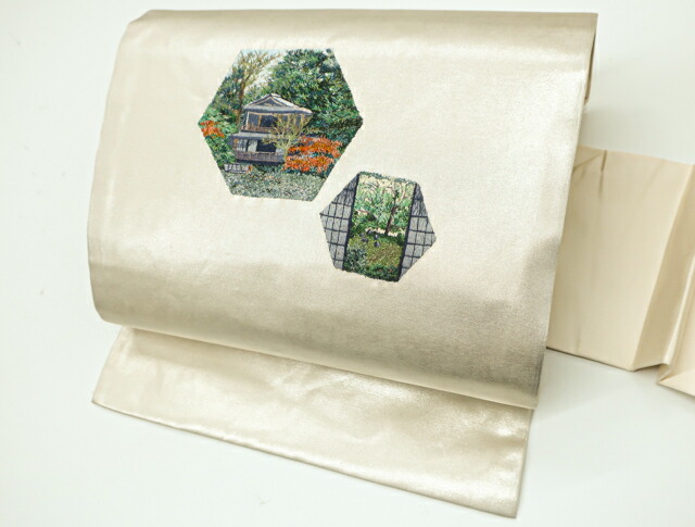 【楽天市場】楽天スーパーセール☆最大70%OFF【IDnet】【着物】 九寸名古屋帯 刺繍 亀甲に風景文様 23B-1886【リサイクル】：アイディーネット