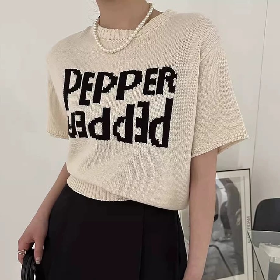 【楽天市場】ペッパーロゴ ニット PEPPER トップス ニット 半袖 オフホワイト ブラック 大人 カジュアル 着回し IMAGIBUNE 新作 人気 シンプル レディース TP ...