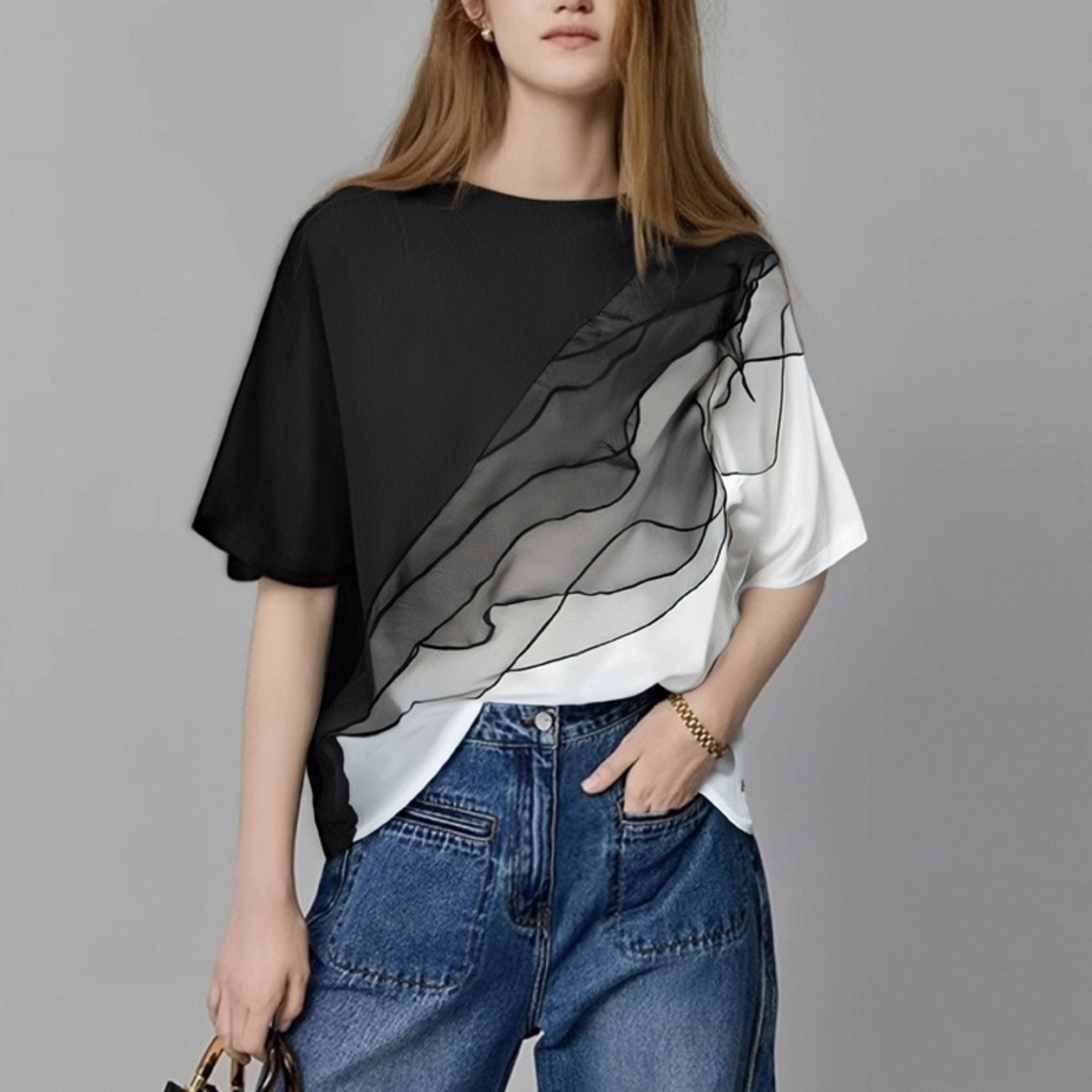 【楽天市場】チュールフリル Tシャツ バイカラー モノトーン トップス Tシャツ フリル 半袖 きれいめ 上品 女子会 ママ 着回し 普段着 カジュアル 体型カバー 春 夏 秋 レディース ...