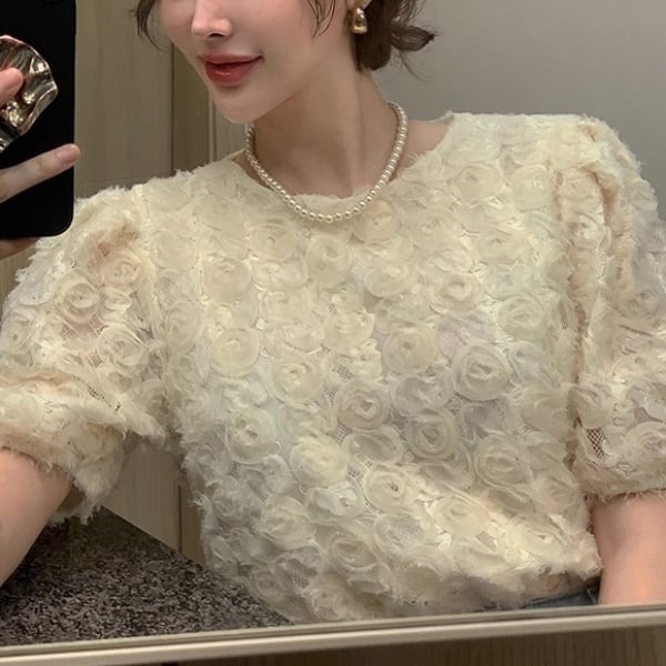 【楽天市場】立体フラワー パフスリーブ カットソー トップス オフホワイト ブラック 大人 半袖 きれいめ 大人っぽ 着回し IMAGIBUNE 上品 新作 人気 エレガント シンプル お ...