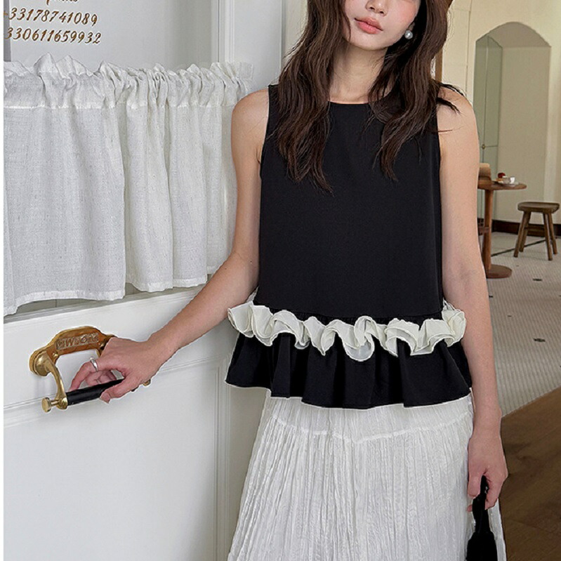 【楽天市場】裾フリル トップス カットソー ノースリーブ クリーム タロイモパープル ブラック 大人 きれいめ 大人っぽ 着回し ガーリー IMAGIBUNE 上品 新作 人気 エレガント ...