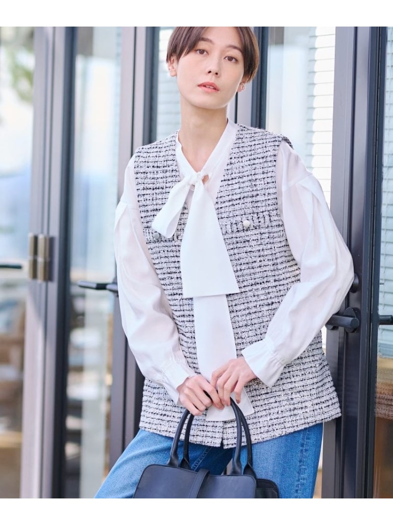 【楽天市場】【SALE／5%OFF】【2点セット/UVケア】ツイードジレ&ボウタイブラウス カセット服 INDIVI インディヴィ トップス アンサンブル ホワイト ブラック【RBA_E ...