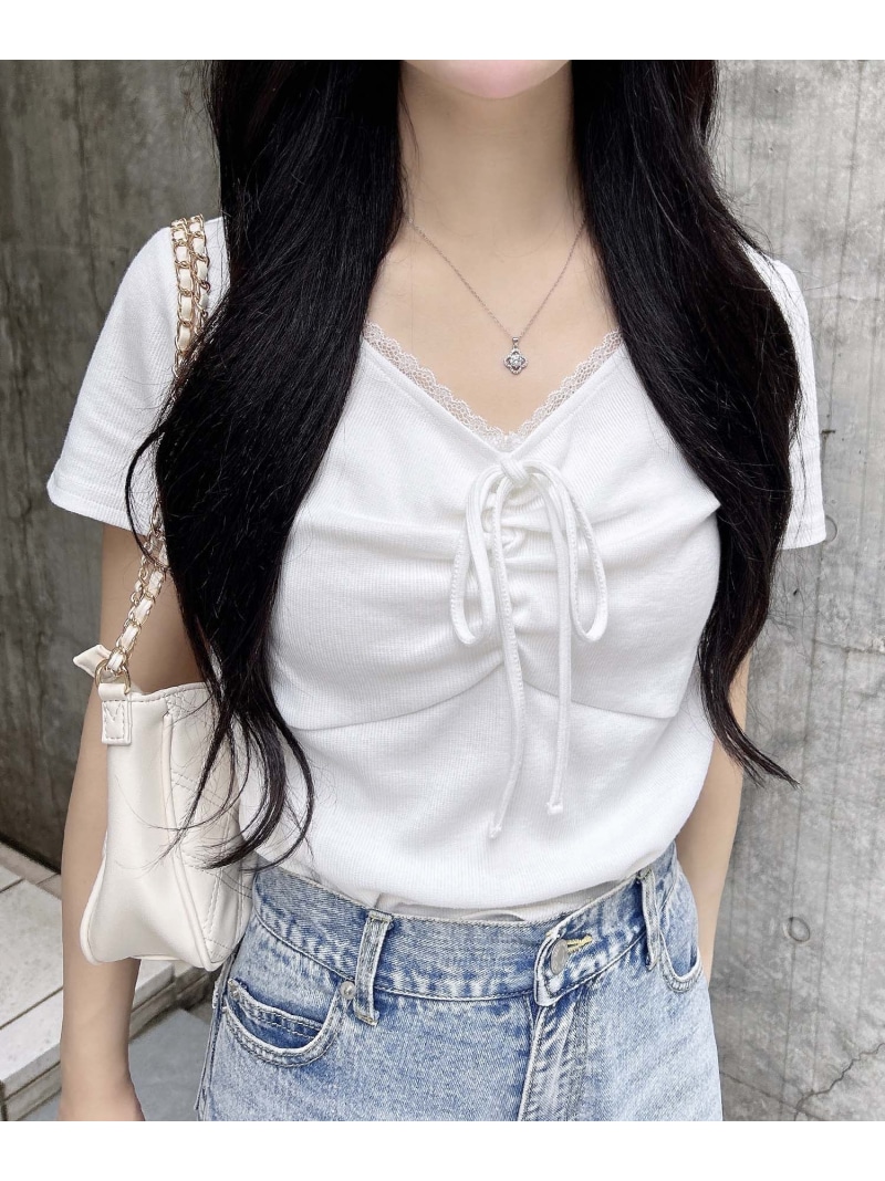 【楽天市場】レース付フロントギャザーリボンリブトップス INGNI イング トップス カットソー・Tシャツ グレー ホワイト ブラック[Rakuten Fashion]：INGNI