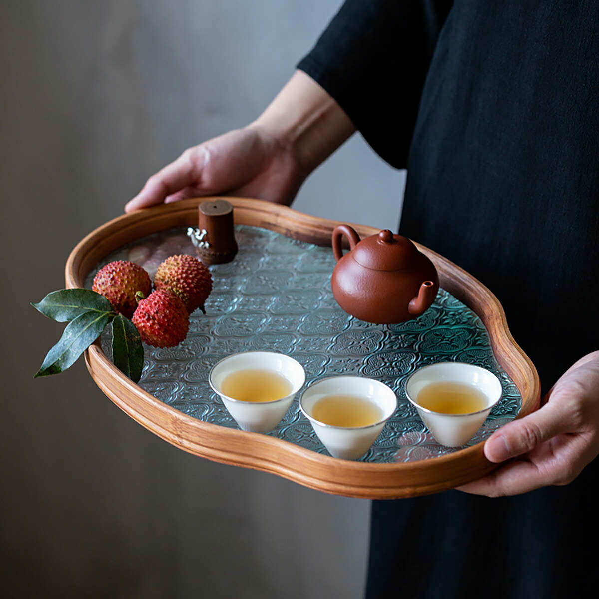 楽天1位! IwaiLoft 高評価&リピーター多数 花海棠柄 トレー フローラガラス レトロ調 配膳トレー トレイ ガラス 盛器 雲型 楕円 お皿 小皿 豆皿 プレート 木 カフェトレー ...