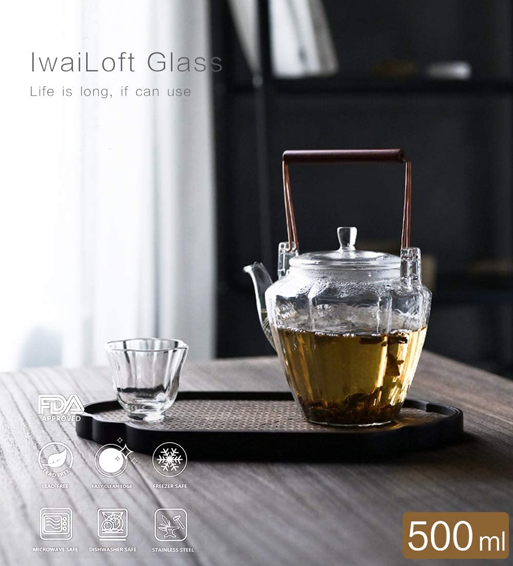 IwaiLoft 石玉 耐熱ガラス ティーポット 500ml ガラス急須 金針茶こし付き ガラスポット 手作り グラス ガラスコップ ぐいのみ・おちょこm冷茶グラス ティーグラス 茶托 茶たく ...