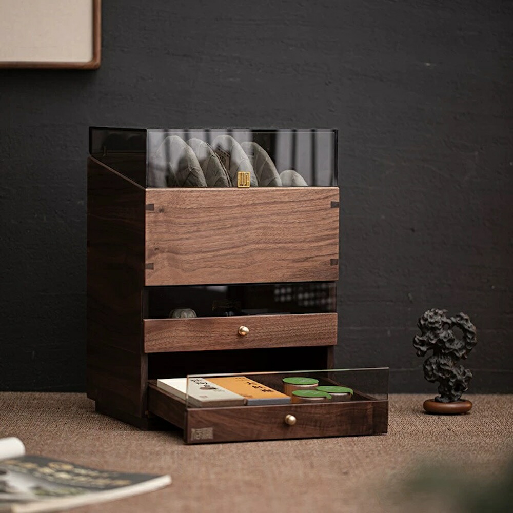 【楽天市場】ウールナット&アクリル ウッドケース ウッドボックス 収納ボックス 収納ケース 卓上棚 和風 茶棚 食器棚 茶器棚 透明 三段 ...