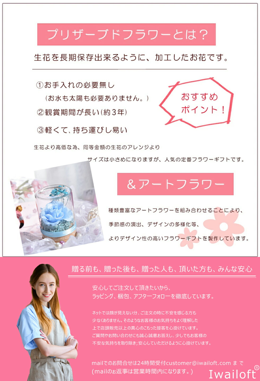 【楽天市場】IwaiLoft mini プリザーブドフラワー ギフト 花束 バラ プレゼント 枯れないお花 ボトルフラワー 誕生日プレゼント・お祝い・発表会・贈り物に ガラスドーム 母の日 ...