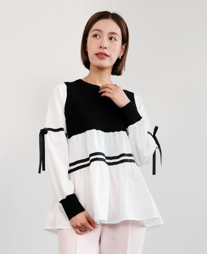 【楽天市場】TRECODE トレコード 公式 リボンスリーブニットドッキングブラウス レディース グログランリボン ペプラムデザイン ニット×ブラウス異素材切替 長袖：CLOCHE ...