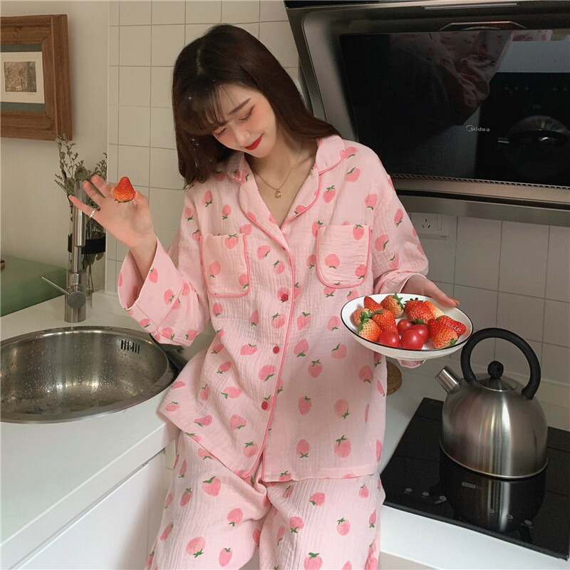 【楽天市場】送料無料 パジャマ レディース 桃 モモ ピーチ peach 春 長袖 前開き お揃い 上下セットアップ 前開き パジャマ 上品 ...