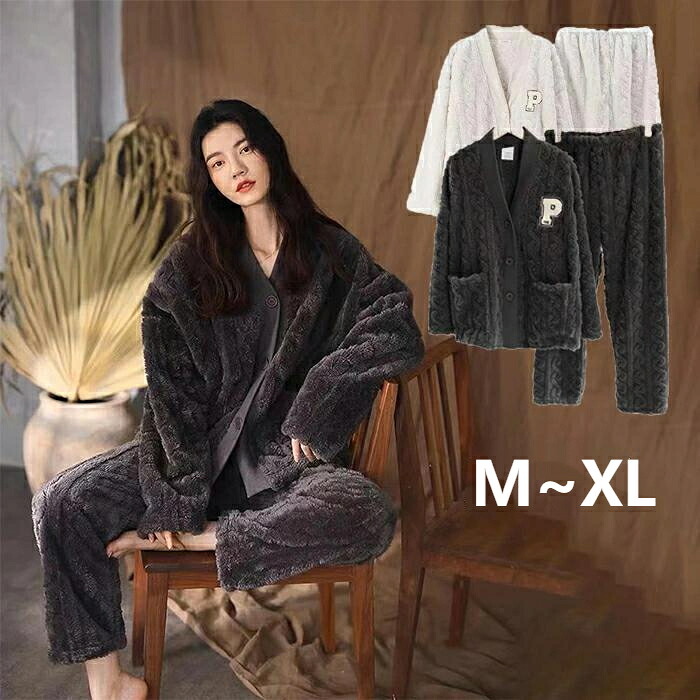 【楽天市場】もこもこパジャマ 上下セット フランネル Vネック ルームウェア 秋 冬 寝巻き M L XL 黒 白 送料無料 長袖 部屋着 ...