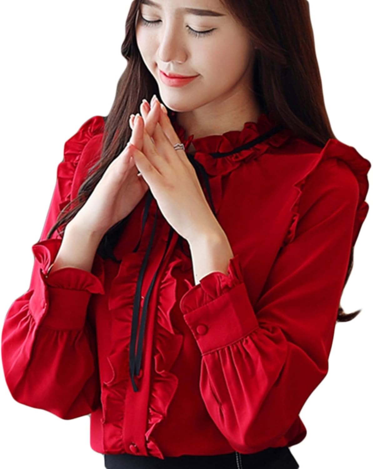 【楽天市場】レディース シャツ 長袖 ブラウス 女性 フリル 丸襟 丸首 襟フリル ブラウス 立襟 袖あり リボン オフィス 通勤 オフィス ...