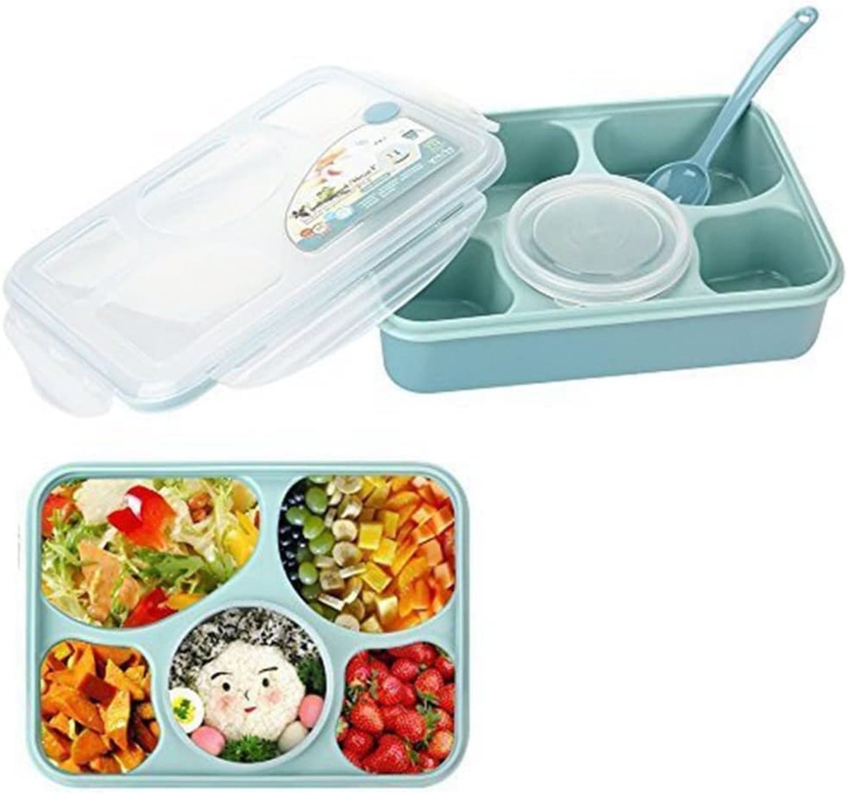 【楽天市場】可愛いお弁当箱 ランチボックス 5+1区仕切りコンテナ お茶碗 スプーン付き 電子レンジ加熱対応 リークプルーフ 汁漏れない 男女 ...