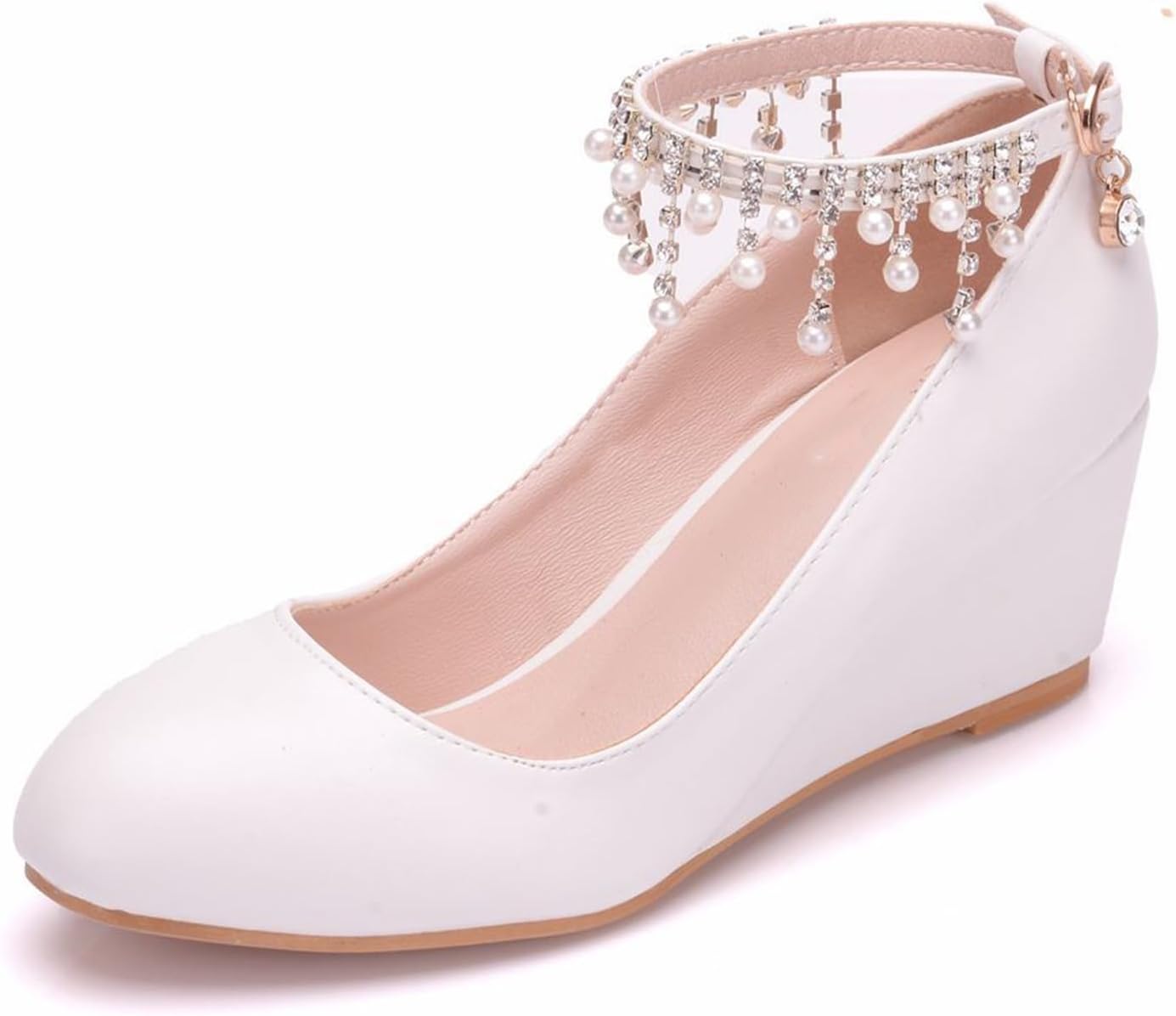 【楽天市場】女性用ウェッジヒール、5 Cm ホワイト ブライダルシューズ ウェディング パンプス フリンジ ラインストーン パール アンクル バックル 浅い口のドレス ラウンドトゥ シングル ...