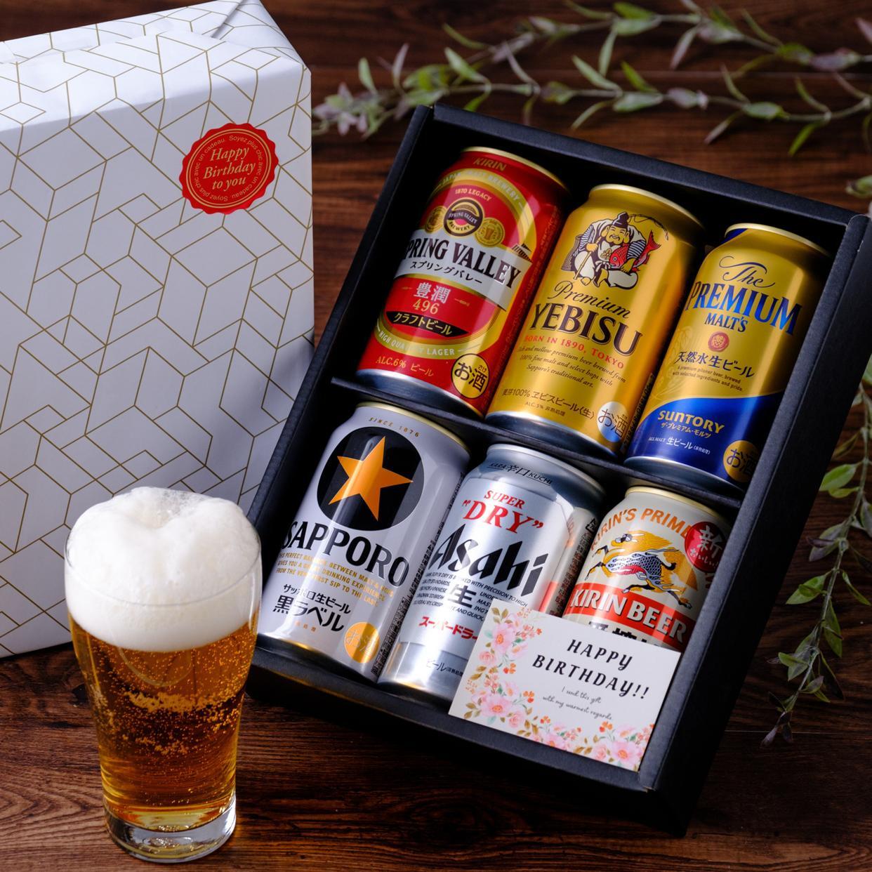 【楽天市場】ビール セット バースデイカード付き 国産ビール飲み比べセット 350ml 6缶 アソート アサヒ サントリー キリン サッポロ 350ml お誕生日 お祝い ラッピング 熨斗：酒 ...