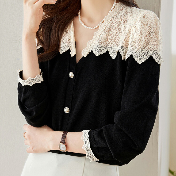 【楽天市場】レース切替 ベロアトップス 異素材切替 黒 パールボタン レース 透け感 ベロア 前ボタン 七分袖 袖あり レディース トップス ...