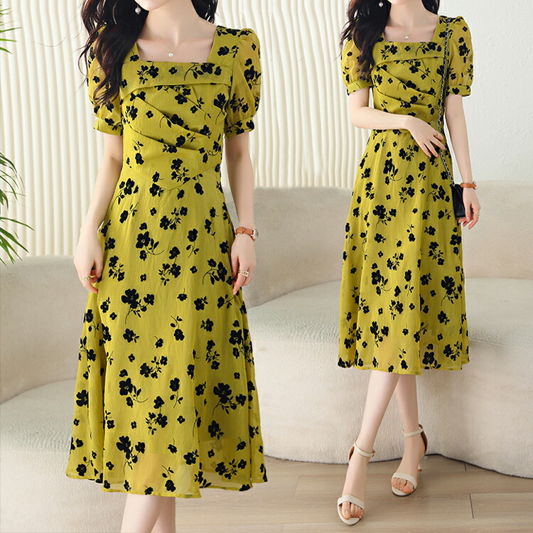 【楽天市場】花柄ワンピース スクエアネック 透け感 花柄 ワンピース Aライン バイカラー ロングワンピ 大人 膝下丈 ミモレ丈 ロング丈 ...