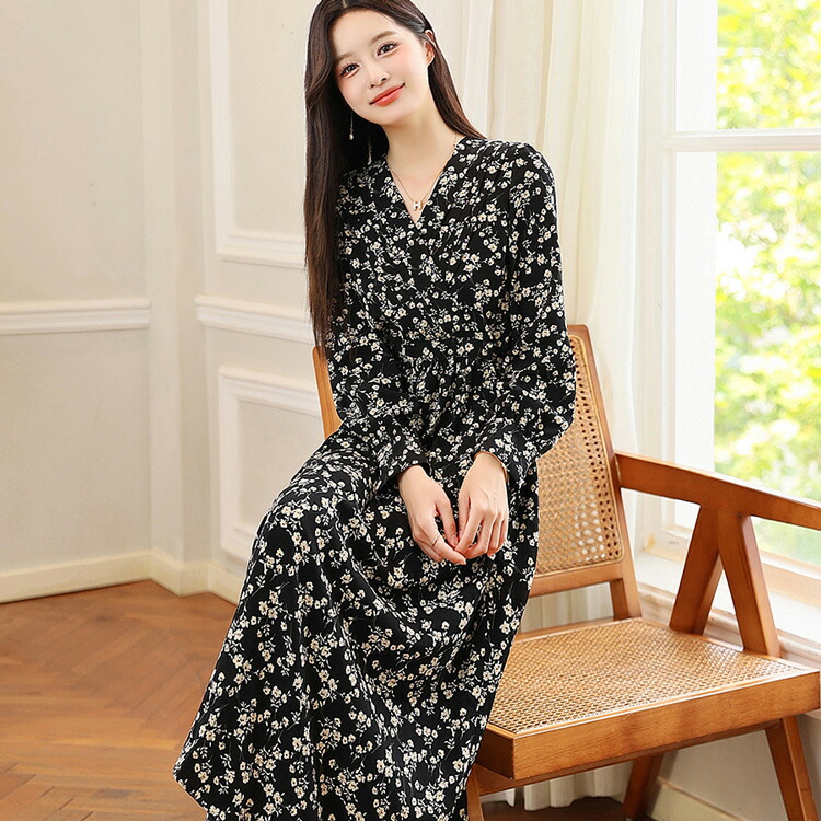 【楽天市場】花柄 ワンピース シフォン 長袖 ポケット付き Vネック 大人可愛い ロング丈 ミモレ丈 ロングワンピース ガーリー きれいめ 二 ...