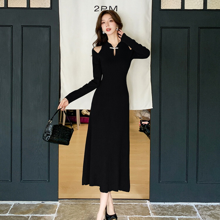 【楽天市場】ニット ワンピース 全4色 オープンショルダー ニットワンピ 黒 赤 Aライン ロング丈 フィット＆フレア ワンピース タイト ...