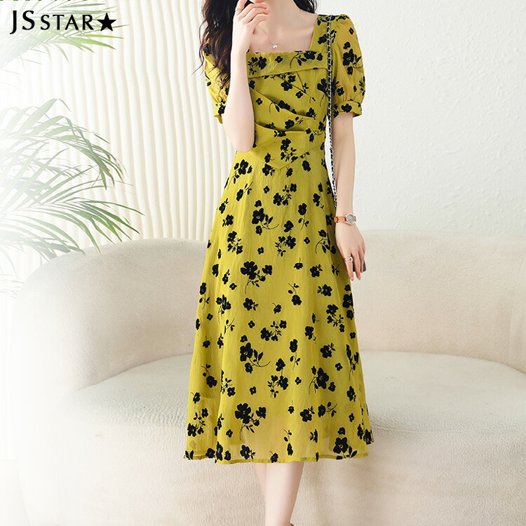 【楽天市場】花柄ワンピース スクエアネック 透け感 花柄 ワンピース Aライン バイカラー ロングワンピ 大人 膝下丈 ミモレ丈 ロング丈 ...