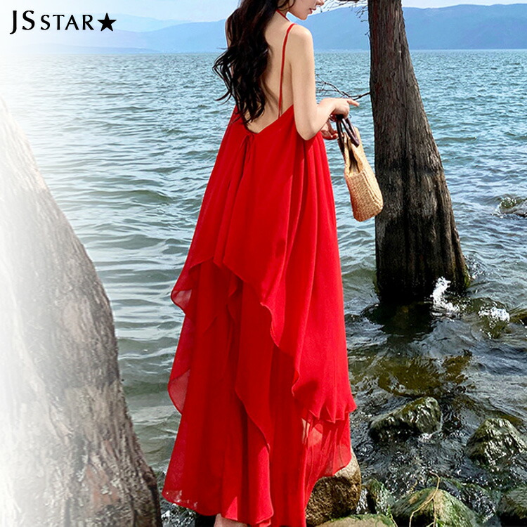 【楽天市場】リゾートワンピ Vネック キャミワンピ 無地 レイヤードワンピ バックオープン シースルー マキシワンピ ノースリーブ ロング ...