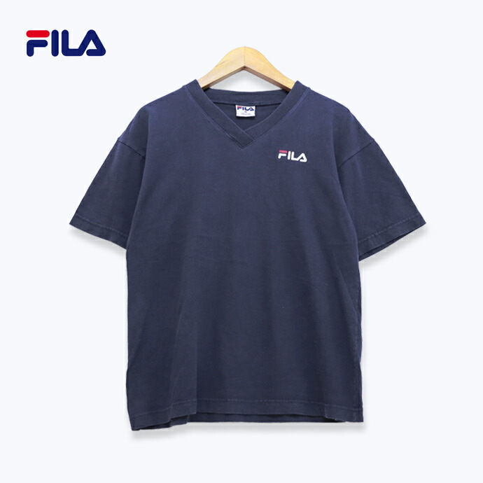 【楽天市場】フィラ FILA Vネック半袖Tシャツ ネイビー レディース Mサイズ アメリカ製 ユーズド 古着 t190711-1：神戸パティーナ