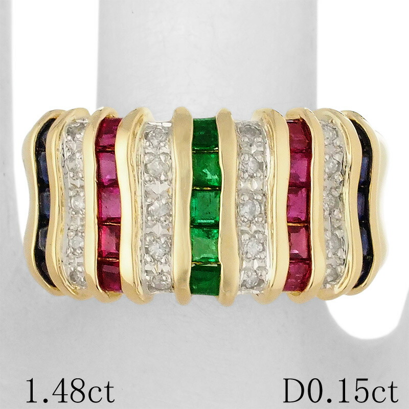 【楽天市場】ルビー・サファイア・エメラルド/ 1.48ct ダイヤ/0.15ct デザイン リング 18YG/Pt900 15号【中古 ...