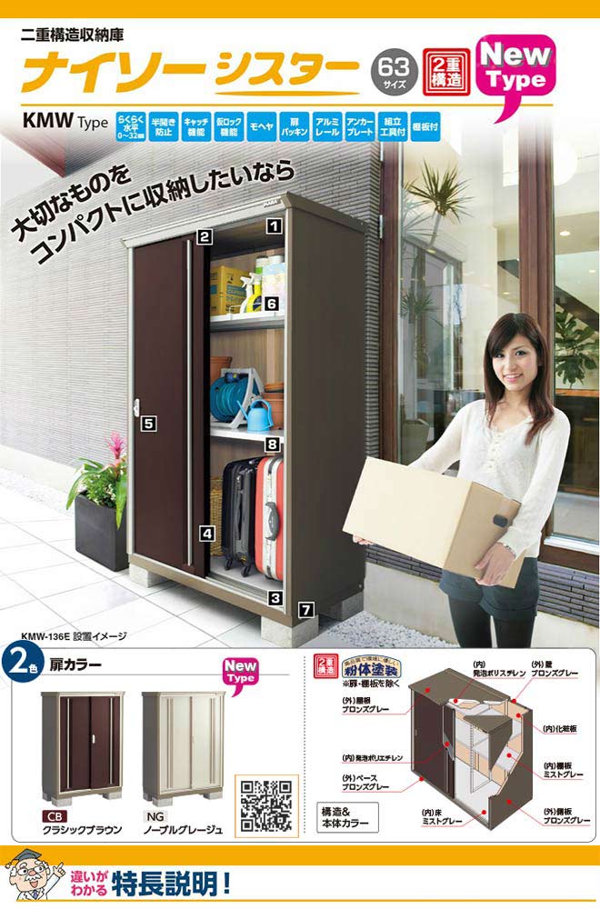 【楽天市場】[KMW-196E-CB] イナバ 物置 全面棚タイプ ナイソーシスター 二重構造収納庫 屋根タイプ：標準型 耐荷重タイプ：一般型 クラシックブラウン 【送料無料】【大型重量品に ...