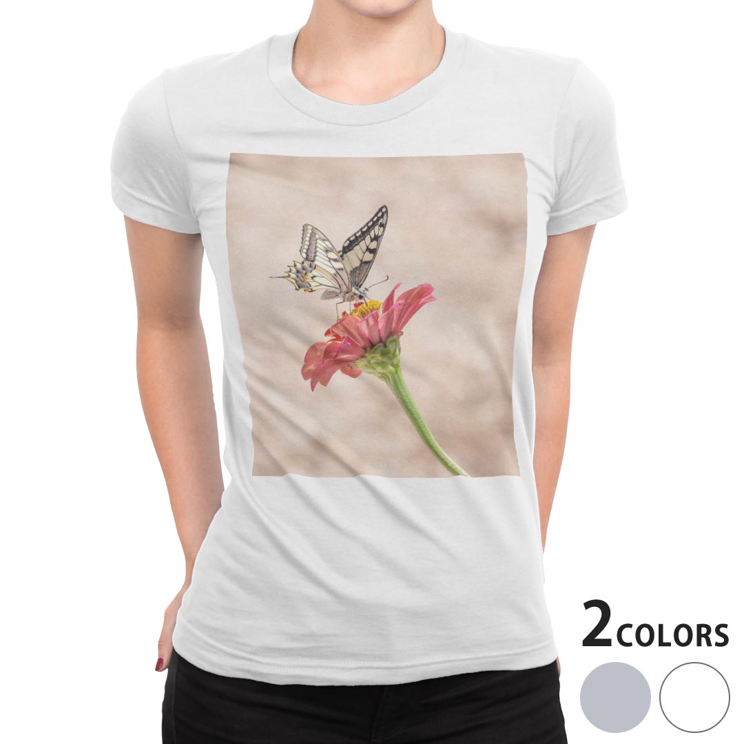 【楽天市場】tシャツ レディース 半袖 白地 デザイン S M L XL Tシャツ ティーシャツ T shirt 023047 蝶々 花 写真 ...