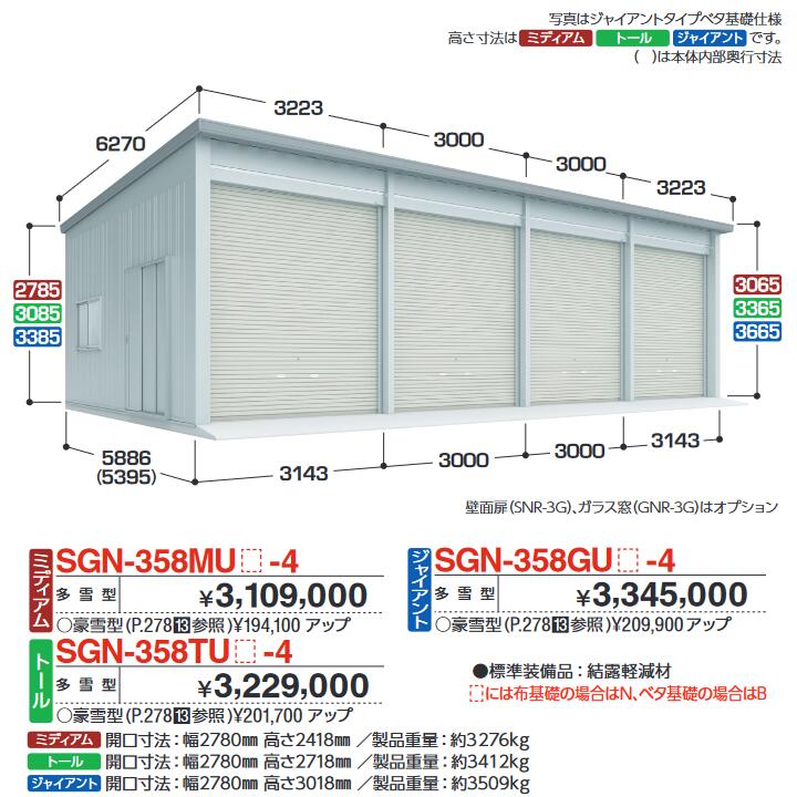 【楽天市場】イナバ物置 SGN-358MUB-4 イナバ倉庫・ガレージ 4棟タイプ 【豪雪型(受注生産) ミディアム ベタ基礎】【お届け先 関東限定】 ⇒ ：住設建材カナモンジャー