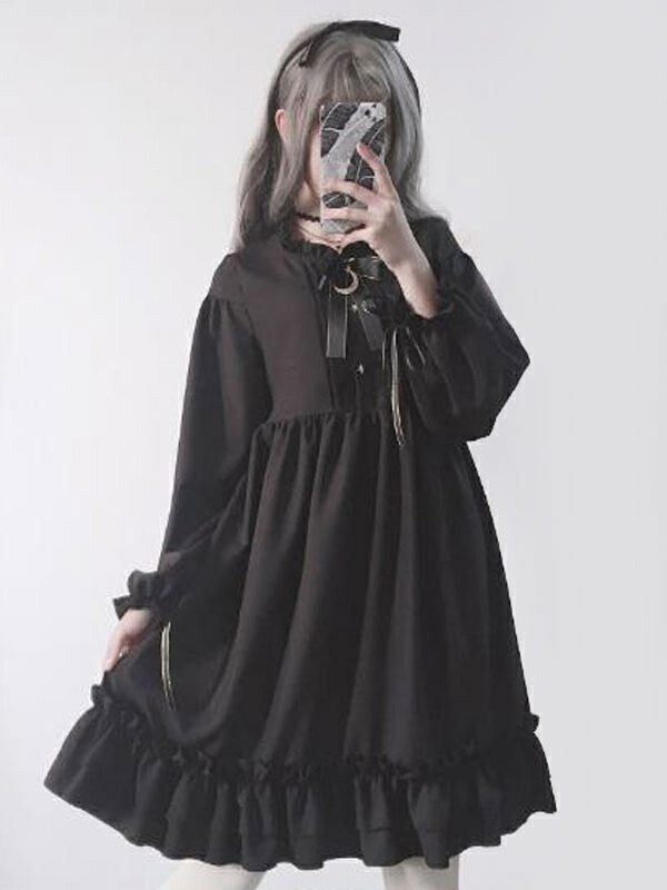 楽天市場】古典的なロリータOPドレスロルナ秋フリルブラックロリータ