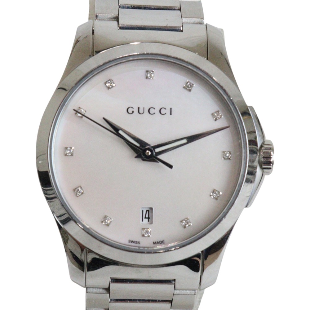 【楽天市場】GUCCI グッチ Gタイムレス 126.5 クオーツ デイト SS 12P ダイヤモンド シェル文字盤 ホワイト レディース 腕時計 ウォッチ プレゼント包装 ギフト【中古】松前 ...