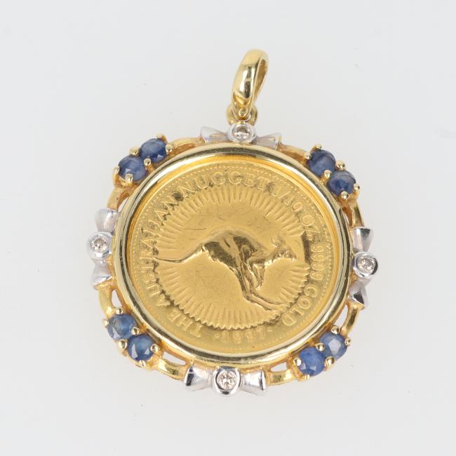 【楽天市場】K24/K18 1/10OZ サファイア・ダイヤモンド付ナゲット金貨 コイントップ オーストラリア カンガルー金貨 総重量約5.9g ネックレストップ エリザベス ...